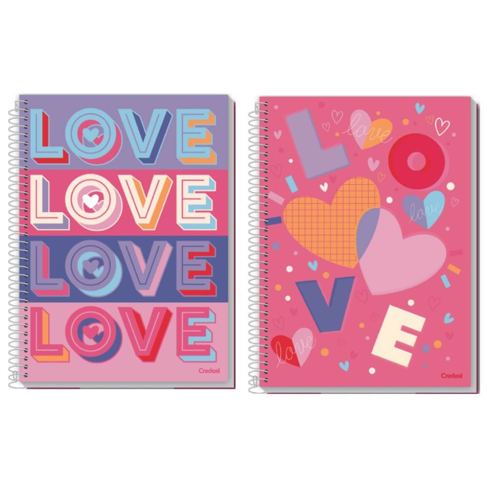 Kit 2 Caderno Credeal Love 12 Matérias Capa Dura Espiral 240 Folhas