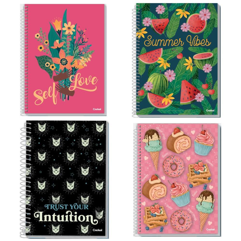 Kit 4 Caderno Credeal My Collection Capa Dura Espiral 96 Folhas Sortido